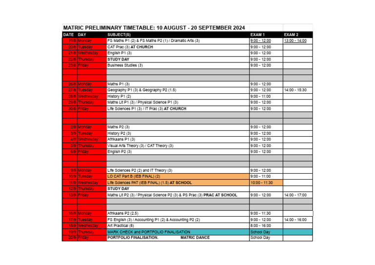 2024 Matric Preliminary Exam Timetable | PDF | Science