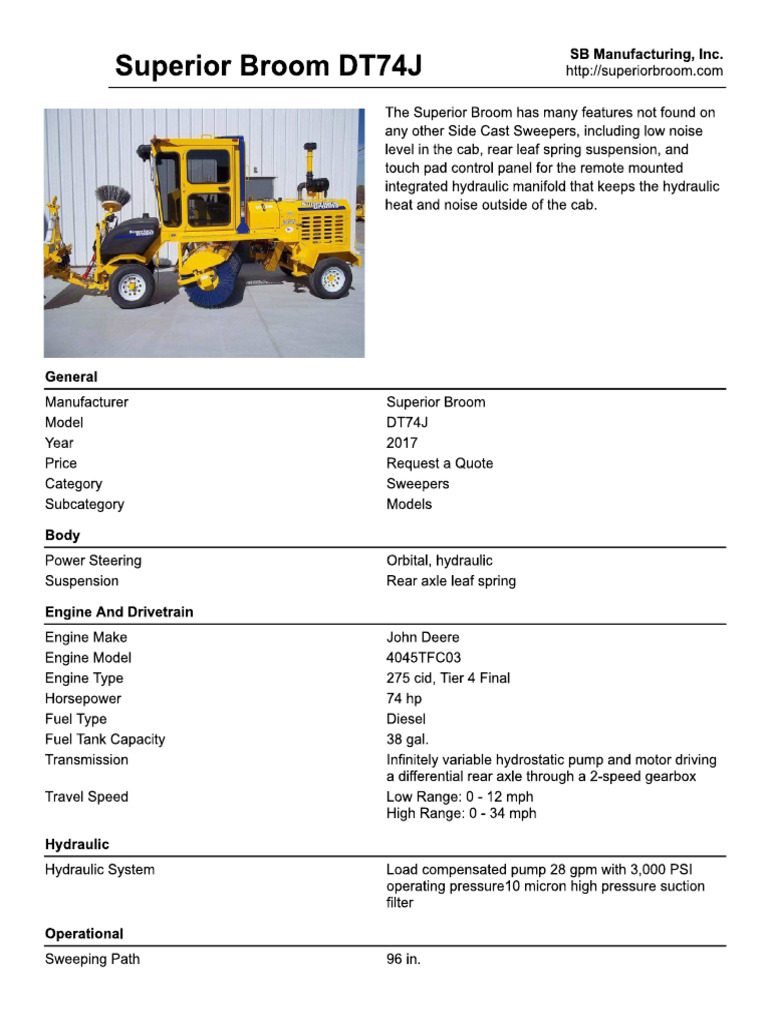 Ficha Tecnica de la SUPERIOR BROOM DT74J | PDF