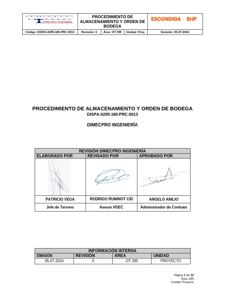 (Rev. 0) DISPA-0295-180-PRC-0013 Procedimiento de Almacenamiento y Orden de Bodega | PDF