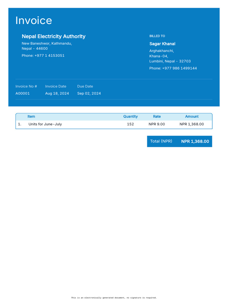 Invoice A00001 Nepal Electricity Authority Sagar Khanal | PDF