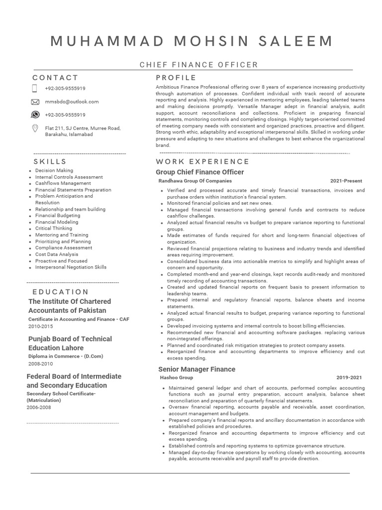 Muhammad Mohsin Saleem - CV | PDF | Internal Control | Finance & Money ...