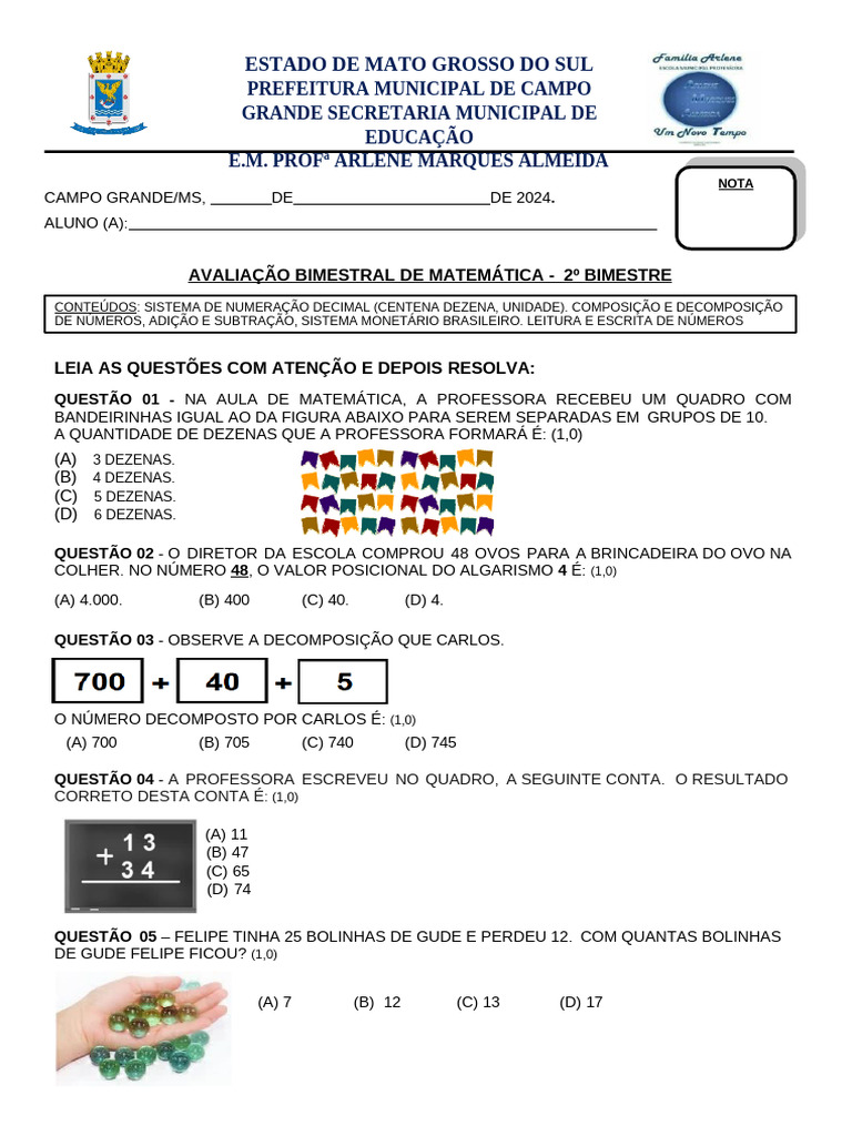Avaliação Bimestral Matematica 2 Bimestre 1 Pdf