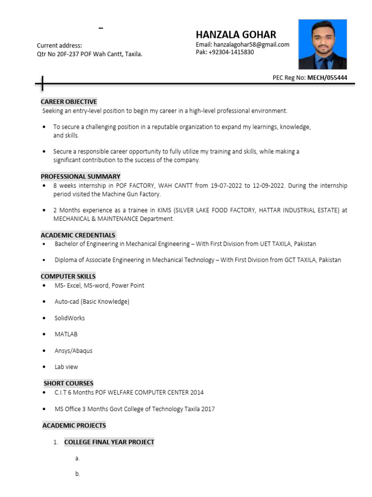 Engr. Hanzala GOHAR CV | PDF | Engineering | Computers