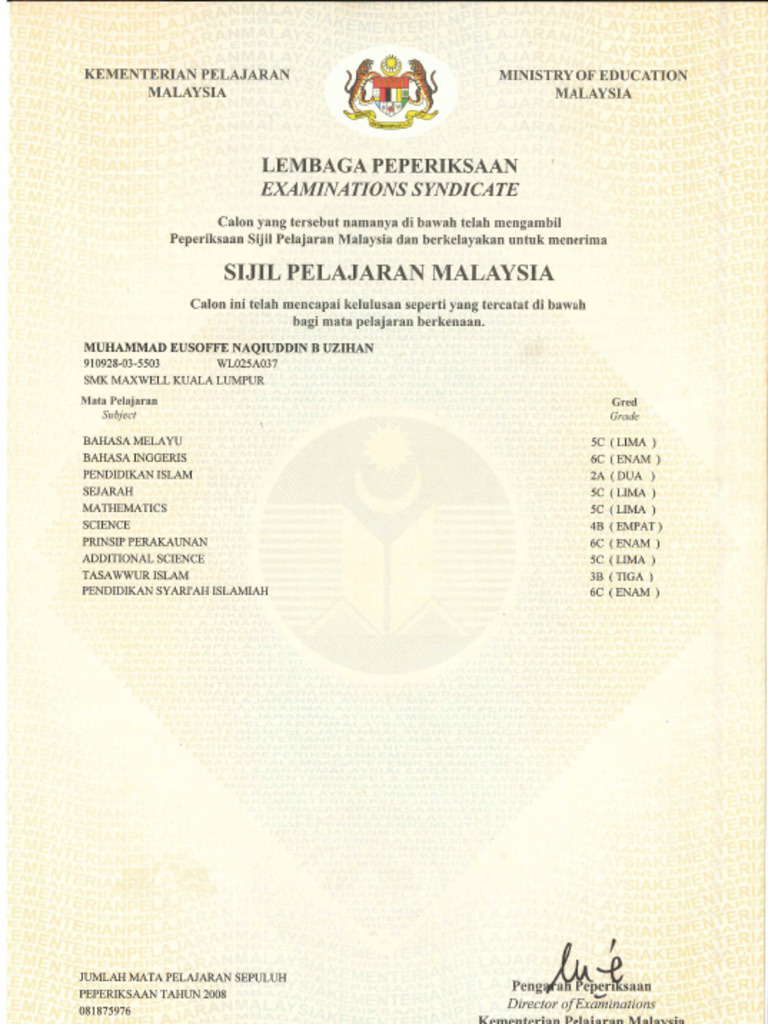 Eusoffe Uzihan SPM Certificate | PDF