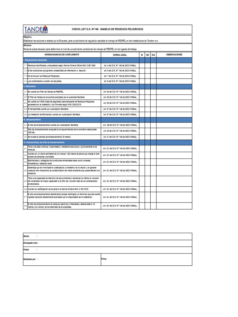 Check List Manejo Residuos Peligrosos D.S 148 | PDF