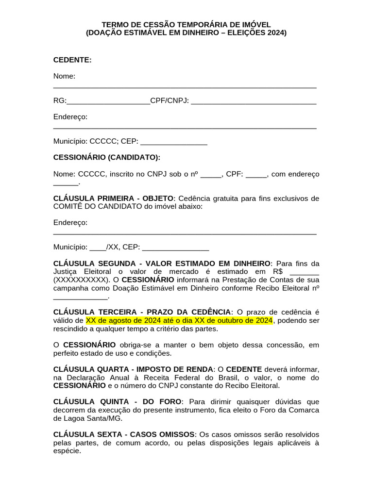 Termo De Cessão Temporária De Imóvel Pdf