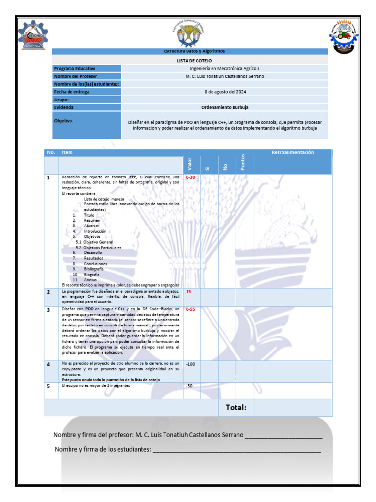 Lista Cotejo Ordenamiento Burbuja | PDF