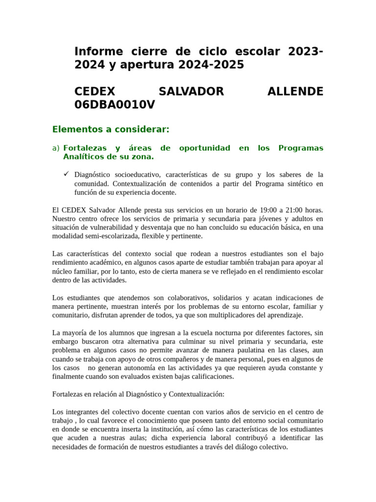 Informe cierre de ciclo escolar | PDF