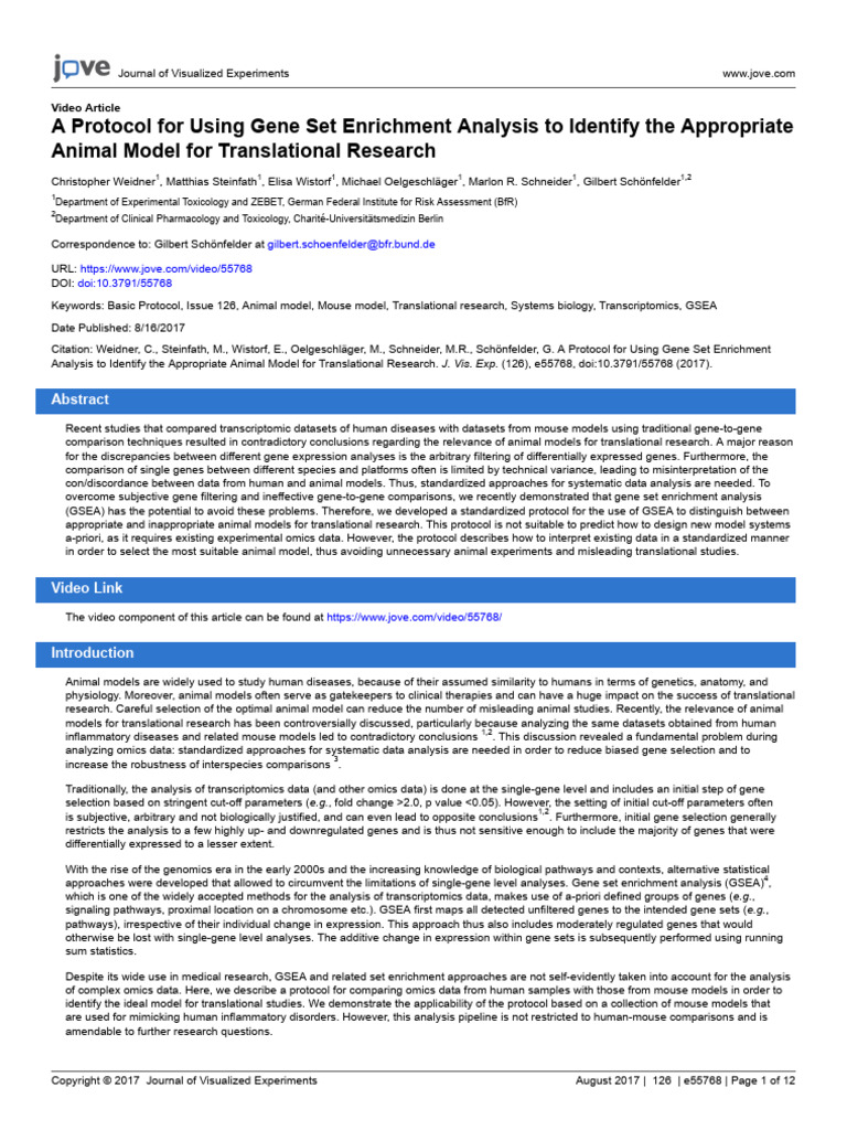 A Protocol For Using Gene Set Enrichment Analysis To Identify The Appropriate Animal Model For ...