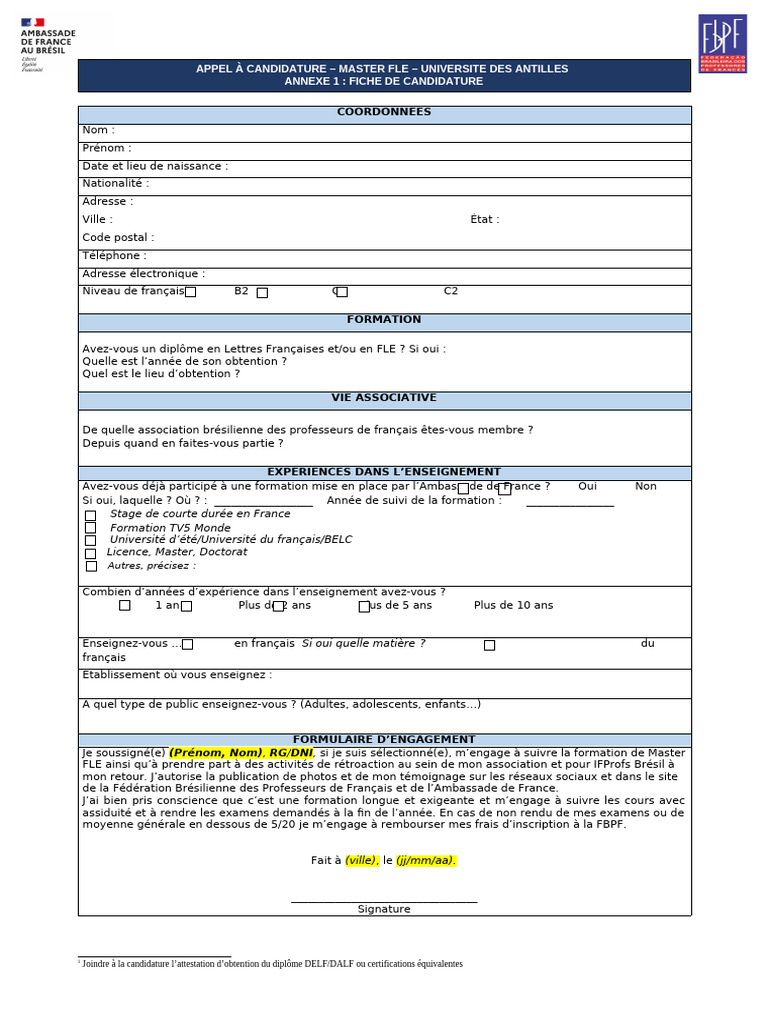 Annexe 1 - Fiche D Inscription Master Fle 2024 | PDF