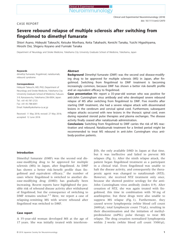 Severe Rebound Relapse of Multiple Sclerosis After Switching From | PDF