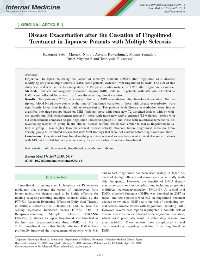 Disease Exacerbation After The Cessation of Fingolimod | PDF