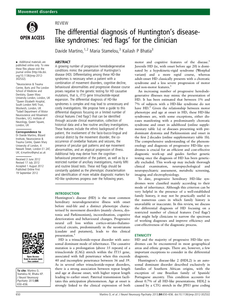 The Differential Diagnosis of Huntington's Disease-Like Syndromes Red ...