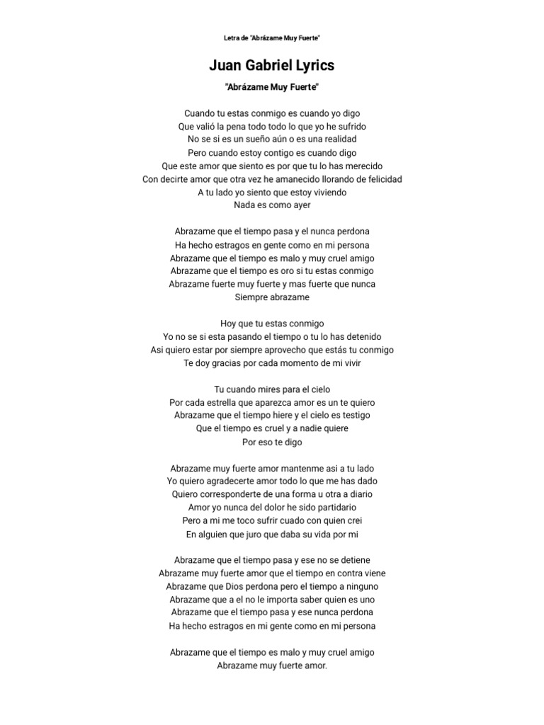 Juan Gabriel - Letra de - Abrázame Muy Fuerte - Lyrics at | PDF