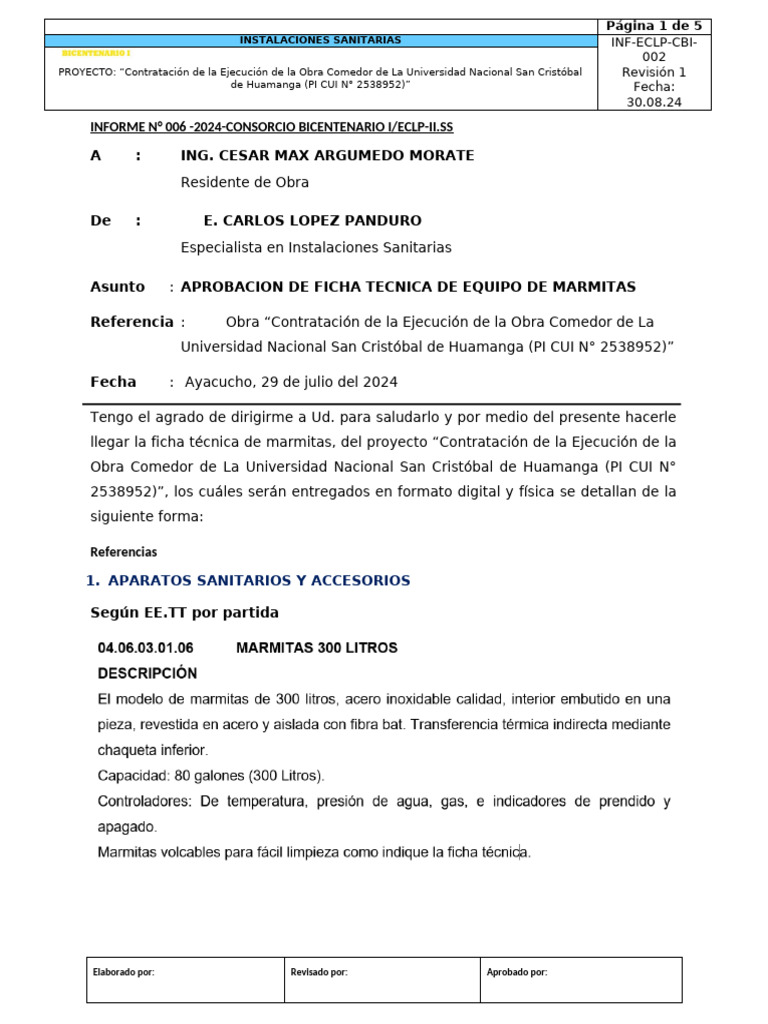 Inf. #006 - Ficha Tecnica de Marmitas Industriales | PDF