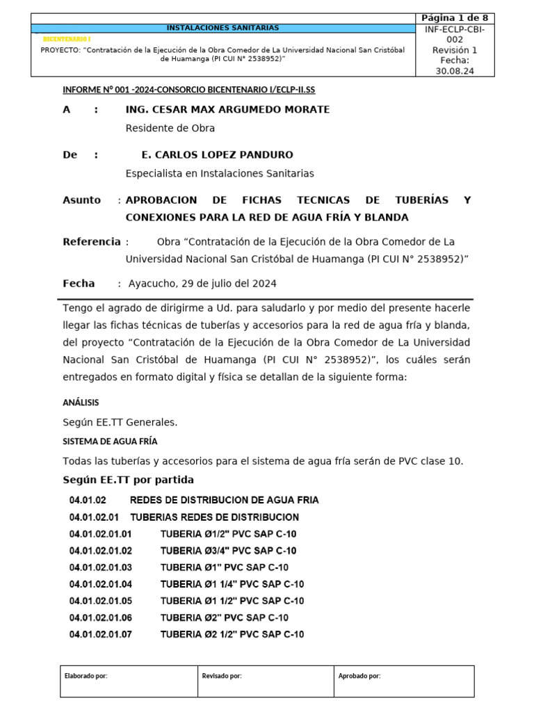 Inf. #001 - Ficha Tecnica de Tuberia y Conexiones de Agua Fria y Agua Blanda | PDF