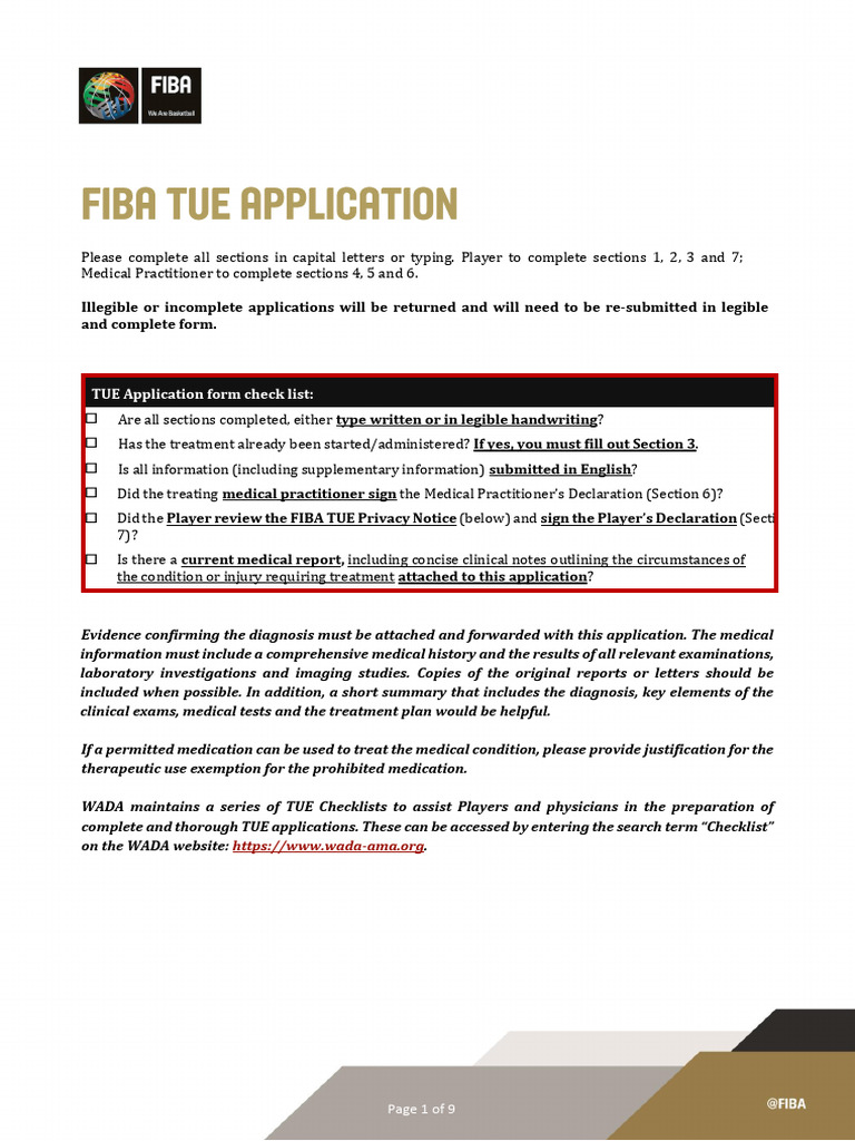 2024 - FIBA TUE Application - Editable | PDF