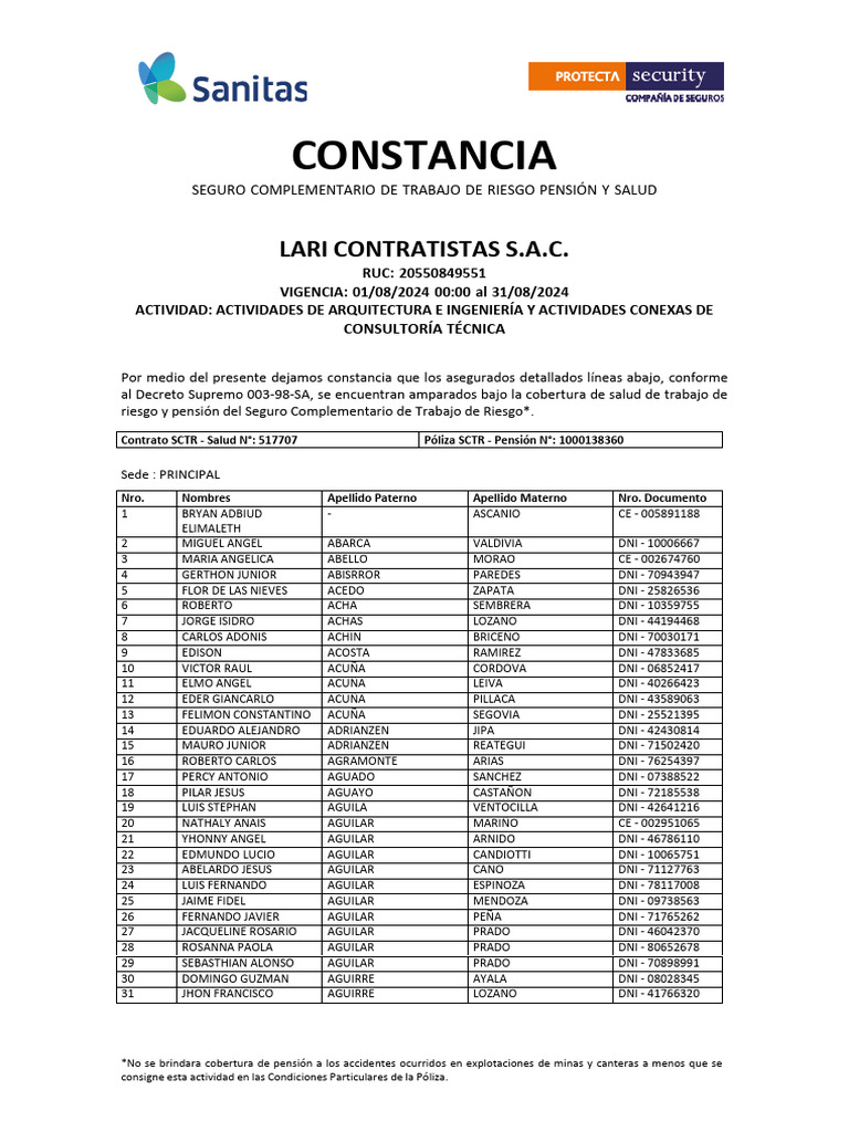 Constancia SCTR Agosto - Lari | PDF