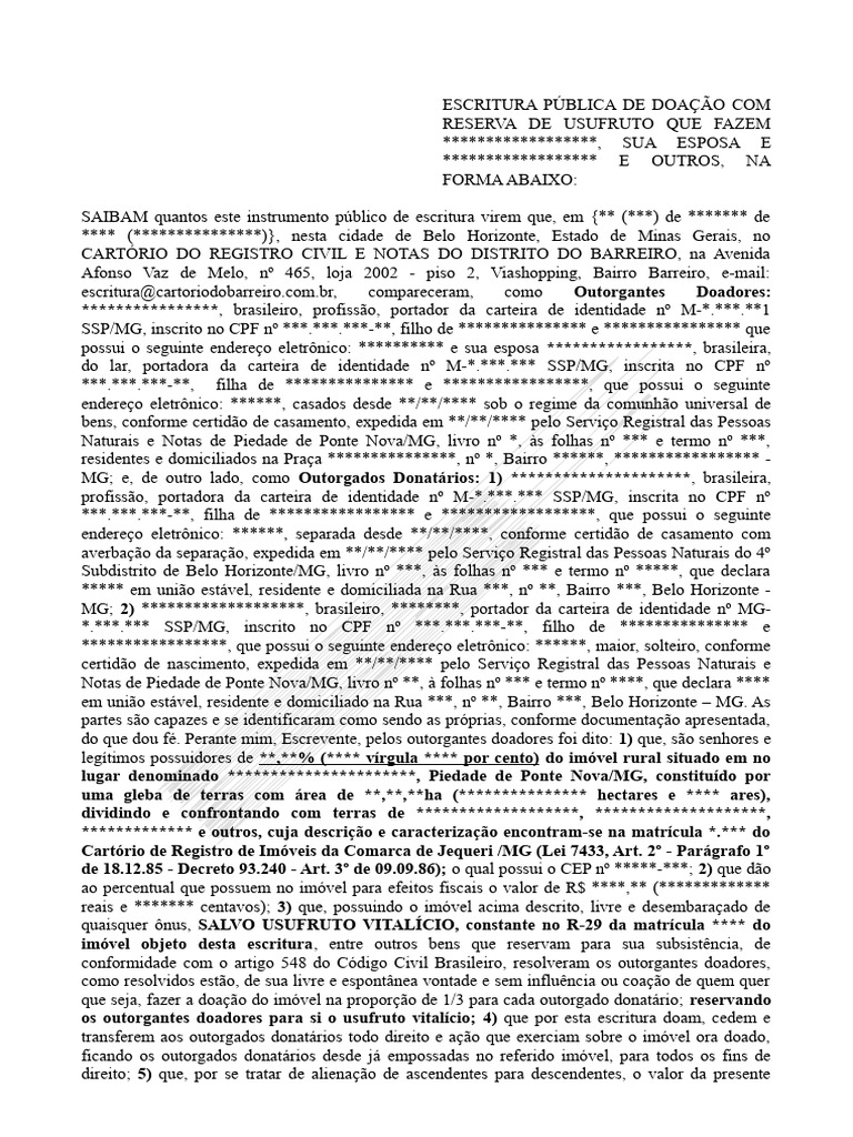 Escritura Publica de Doacao Com Reserva de Usufruto Imovel Rural | PDF
