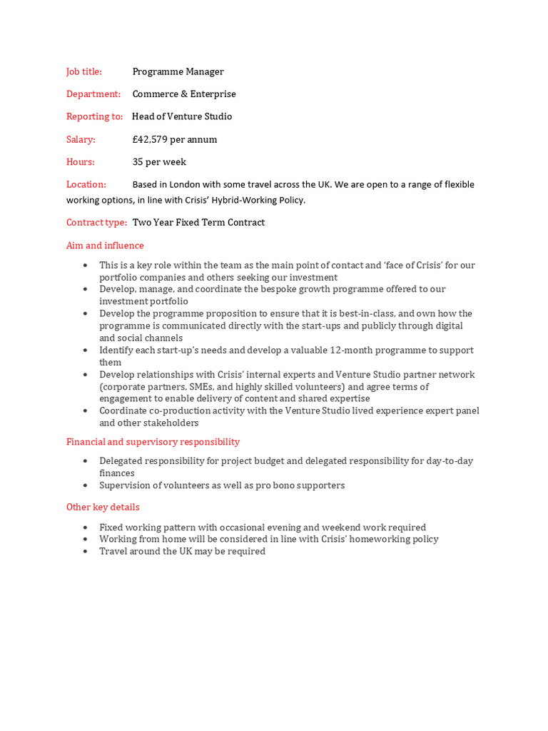 Programme Manager Venture Studio Nov 2023 JD | PDF