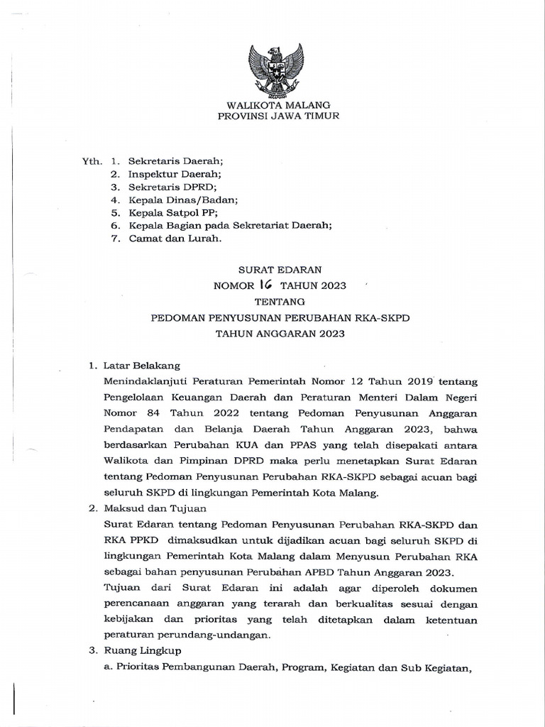 SE Walikota Nomor 16 Tahun 2023 TTG Pedoman Penyusunan Perubahan RKA-SKPD Tahun Anggaran 2023 | PDF