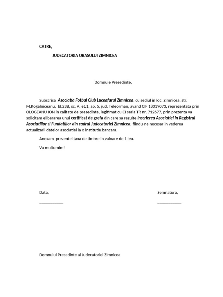 Cerere Eliberare Certificat de Grefa | PDF