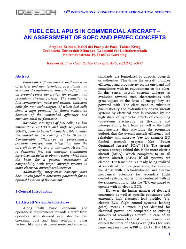 Fuel Cell Apu S in Commercial Aircraft A | PDF