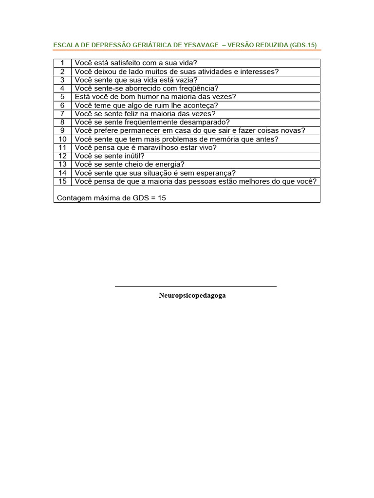 Escala de Depressão Geriátrica de Yesavage - Versão Reduzida (Gds-15) | PDF