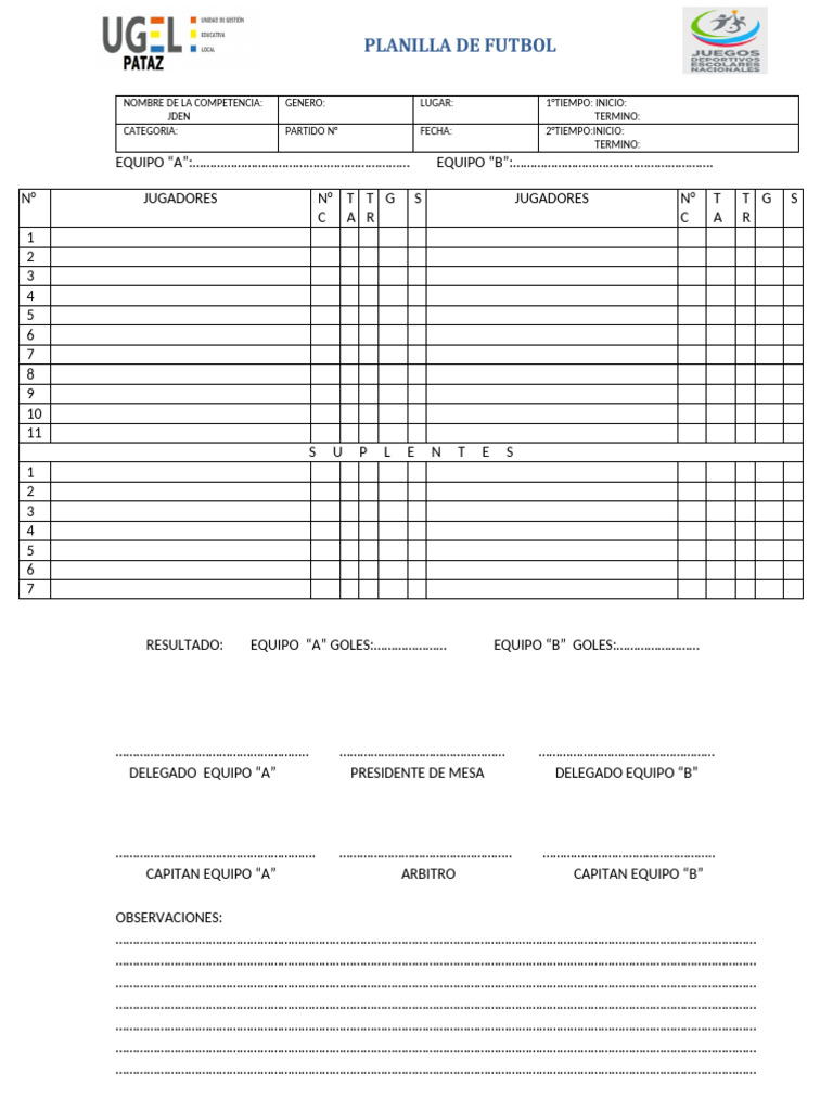 Planilla De Futbol Pdf