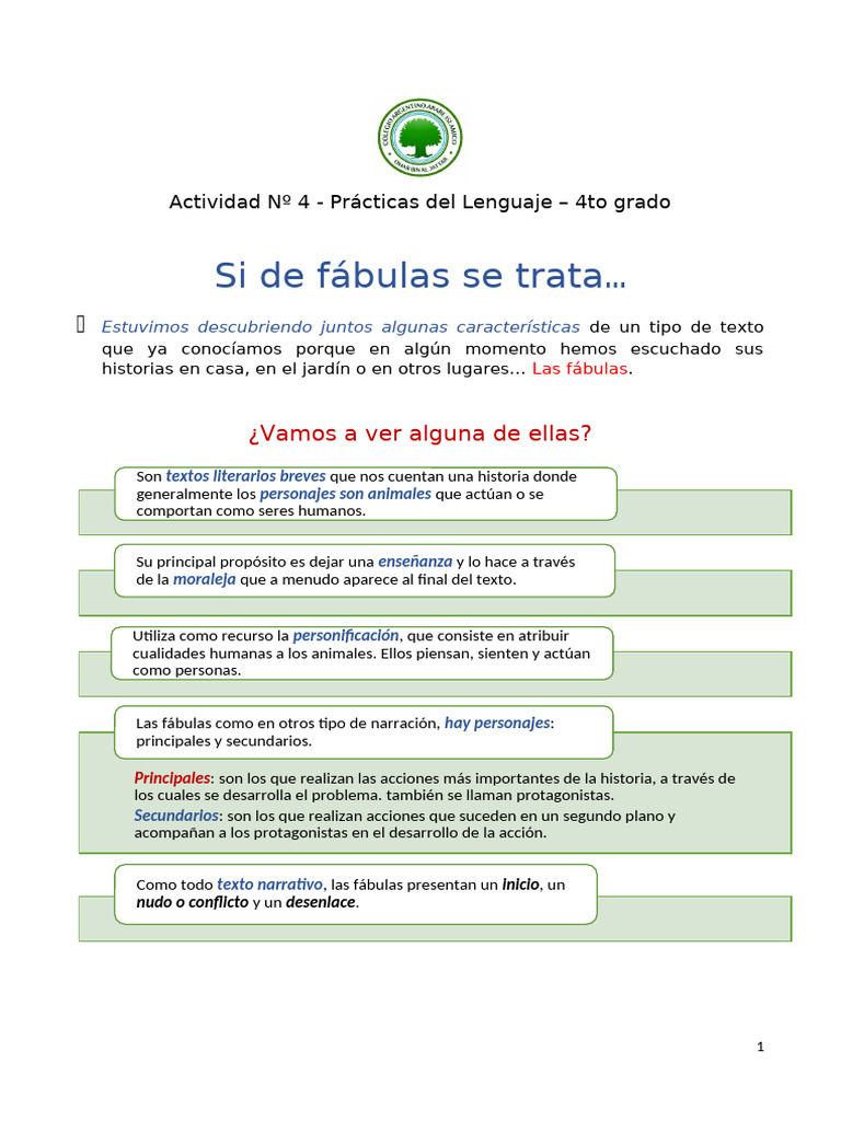 Actividad Fábulas 4to Grado Pdf