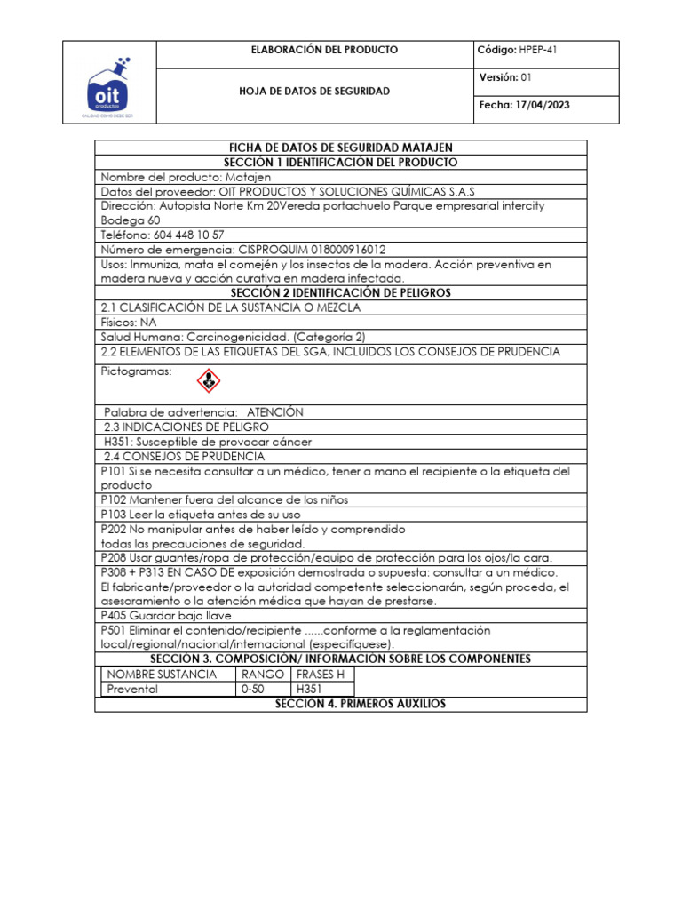 Ficha de Datos de Seguridad Matajen | PDF | Solubilidad | Agua