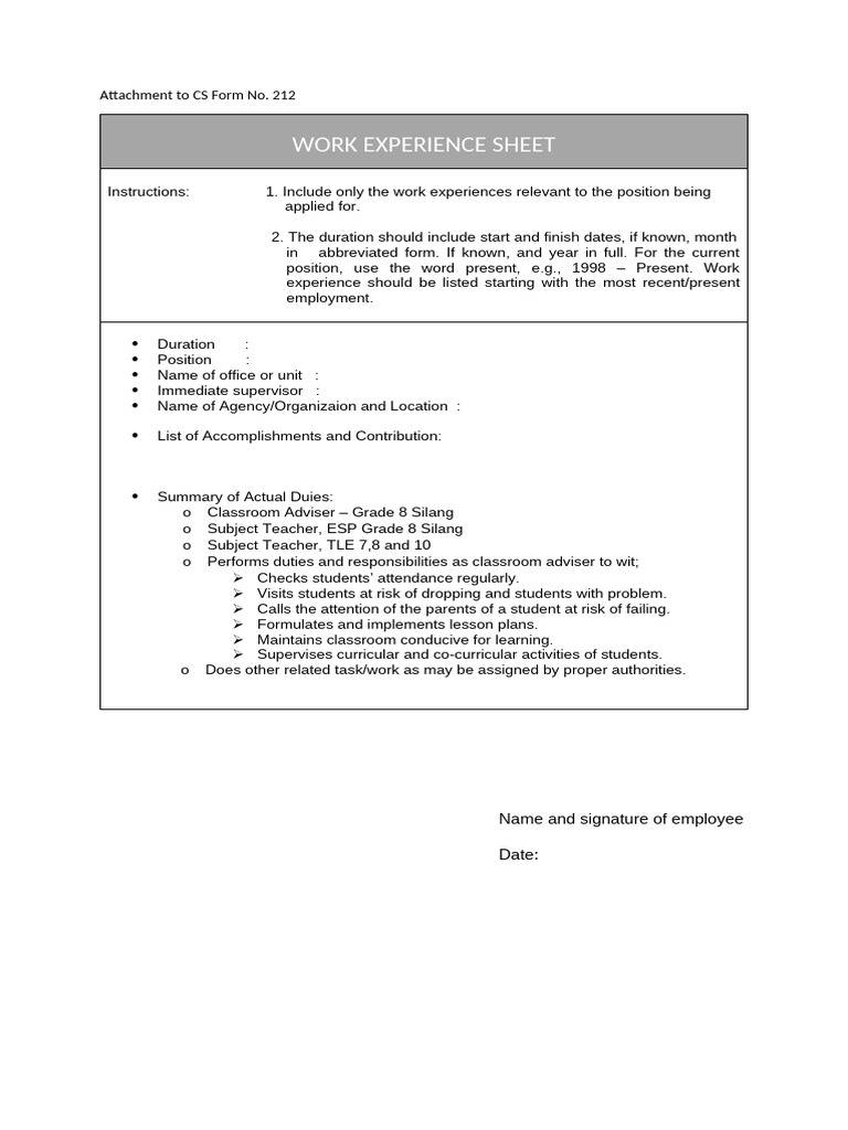 Work Experience Sheet | PDF | Business | Wellness