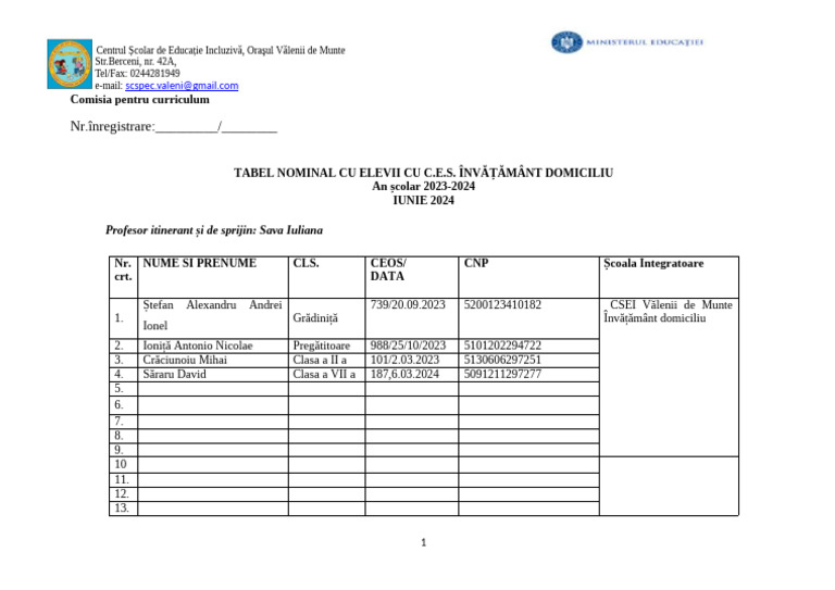 Tabel Elevi 2024 FINAL | PDF