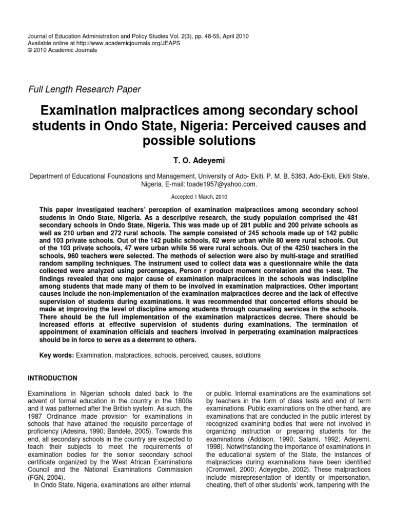 Examination Malpractices Among Secondary | PDF