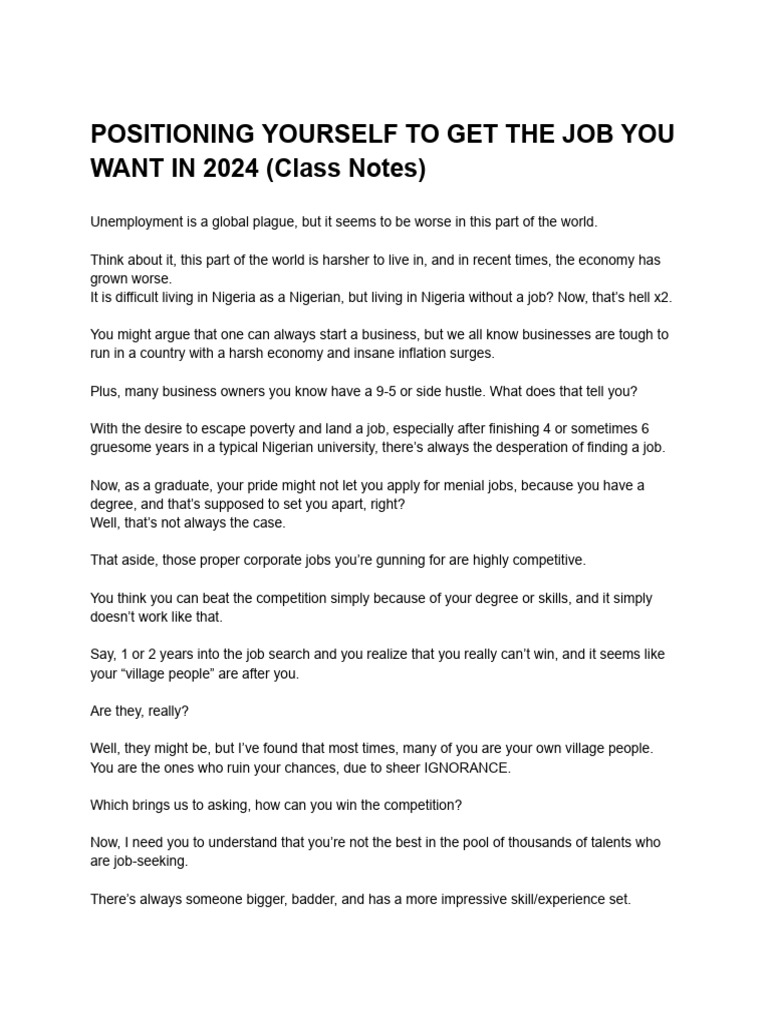 POSITIONING YOURSELF TO GET THE JOB YOU WANT IN 2024 (Class Notes ...
