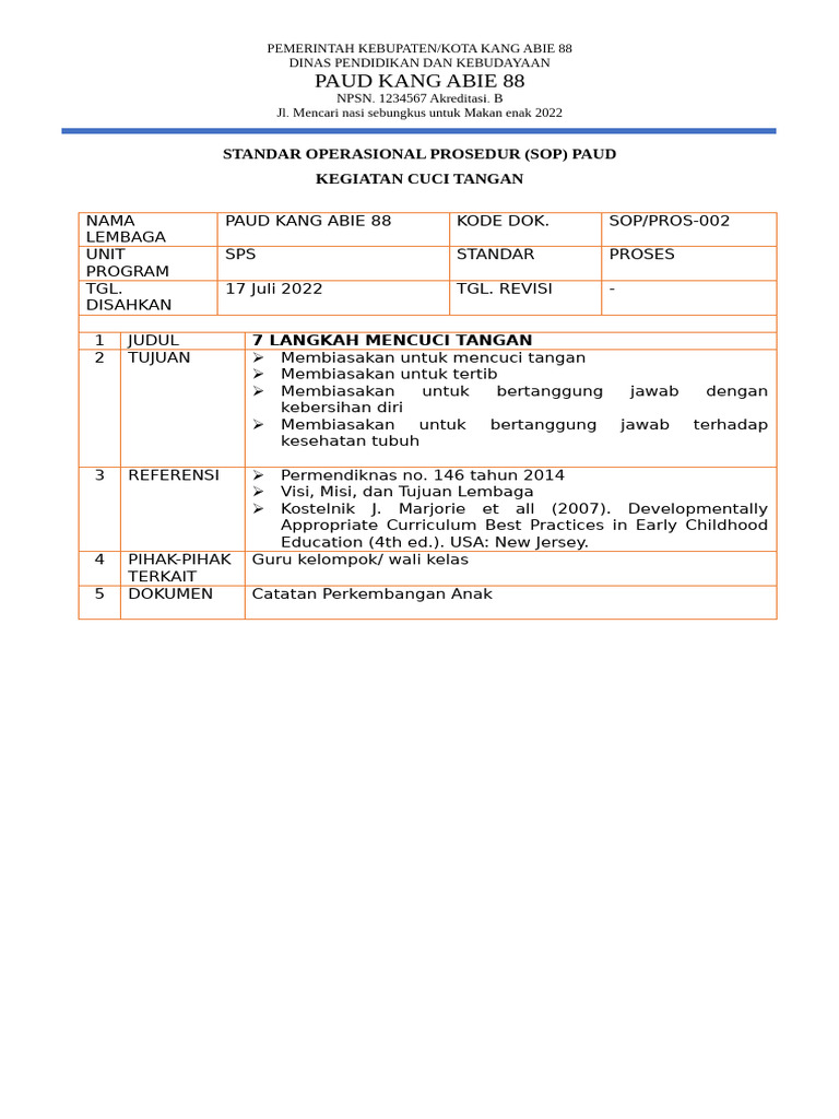 Sop Paud Kegiatan Cuci Tangan Merdeka | PDF