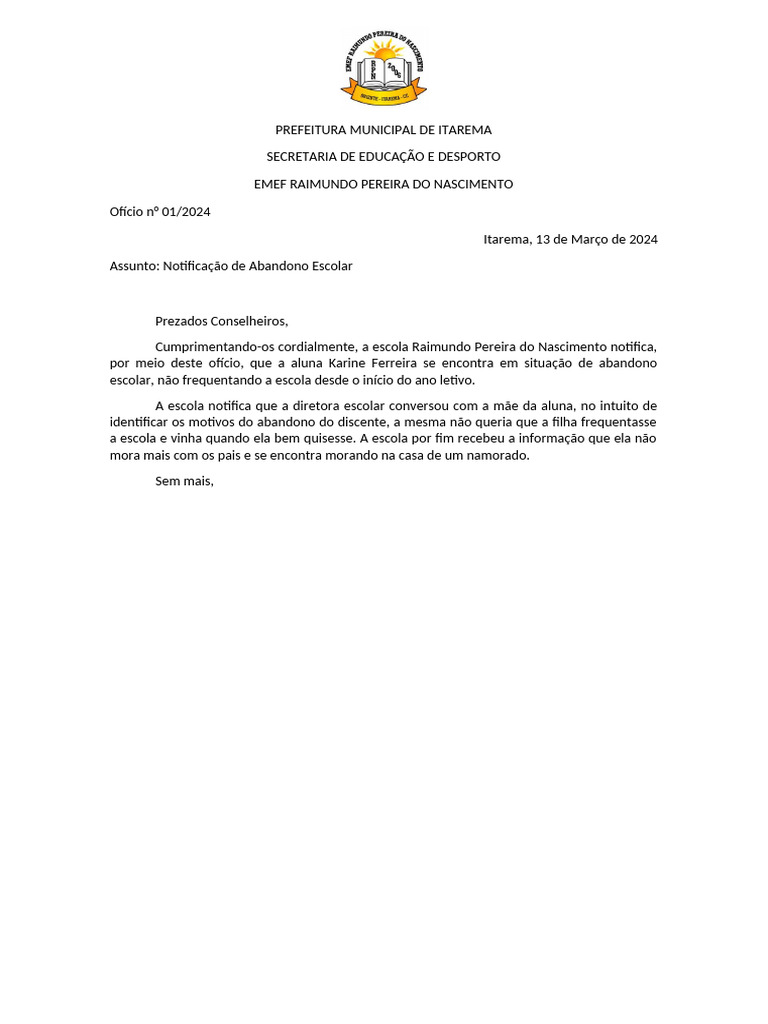 Oficio para o Conselho Tutelar | PDF