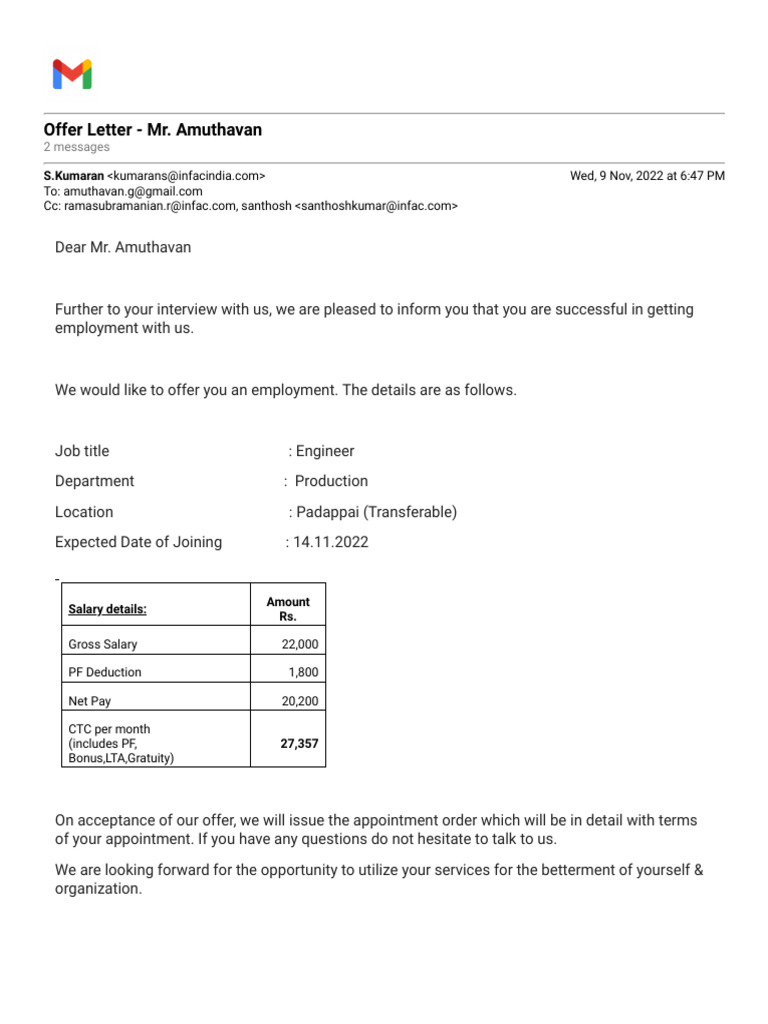Employment Offer for Engineer Position | PDF