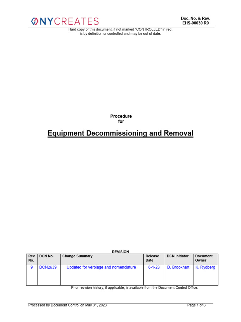 EHS 00030 R9 Equipment Decommissioning and Removal Procedure | PDF