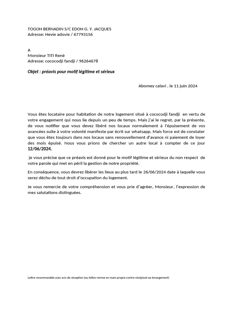 Lettre de Preavis de TITI RENE | PDF