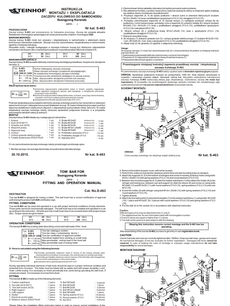 Montaz Haka Holowniczego Steinhof S 463 | PDF