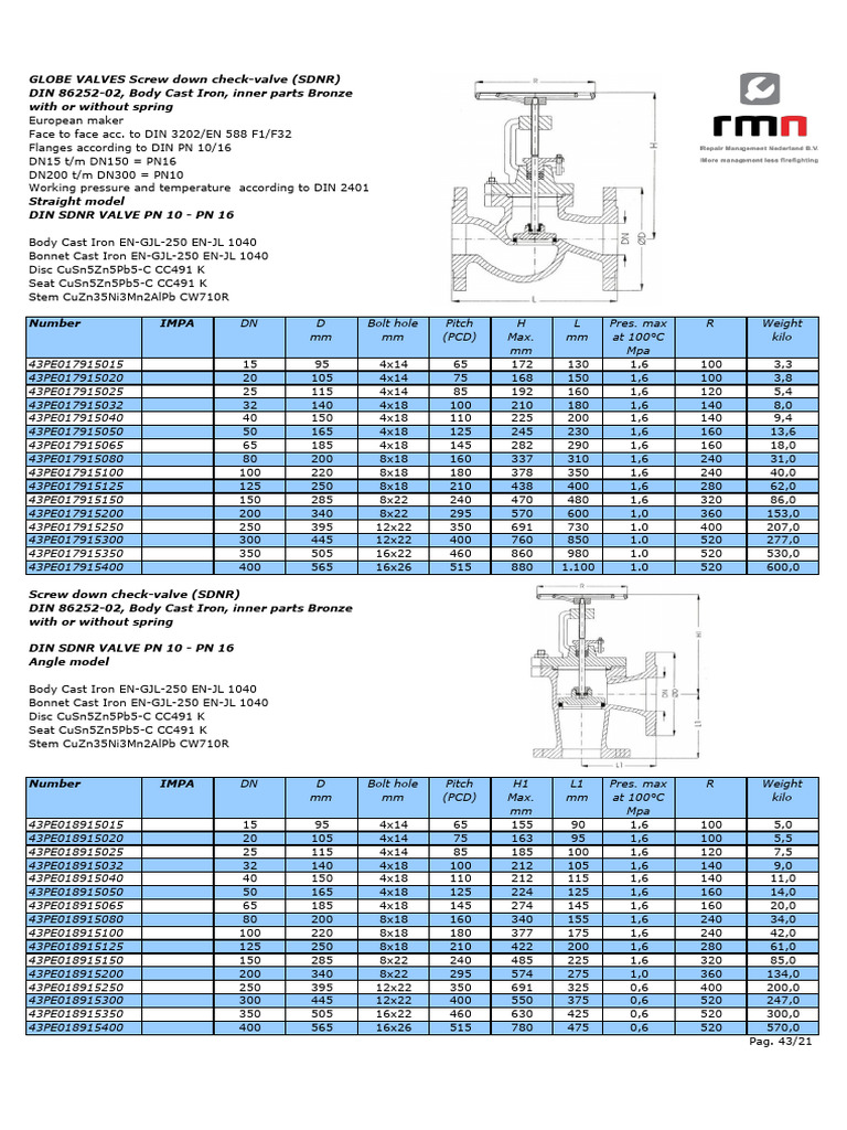 Globe Valves Screw Down SDNR Check Valves | PDF