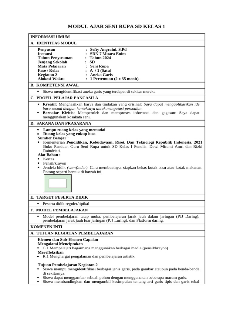 Modul Ajar Seni Rupa Kelas 1 - Kegiatan 2 | PDF