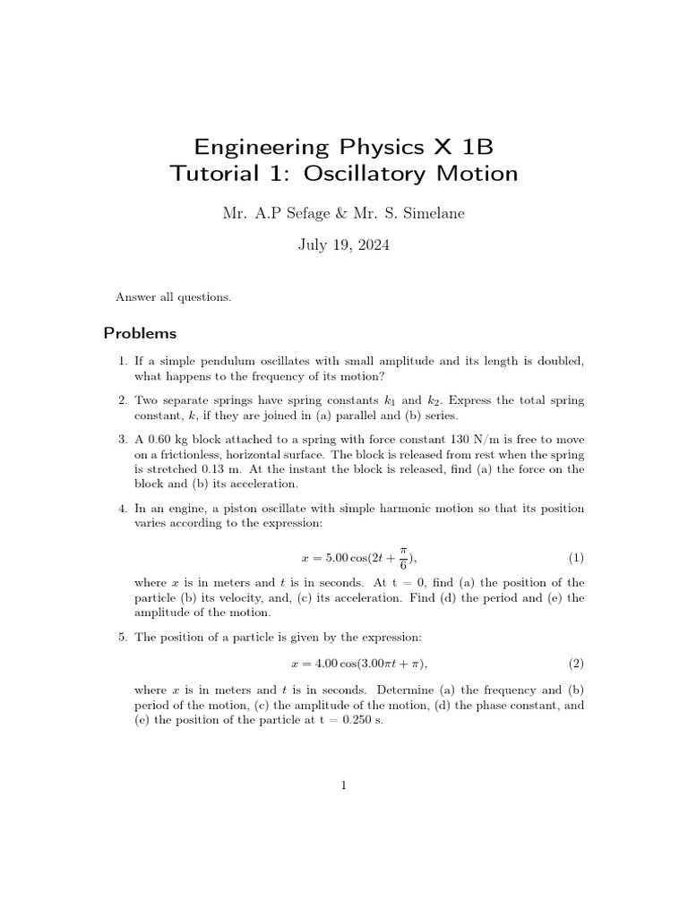 Tutorial 1 Oscillatory Motion 2024 | PDF