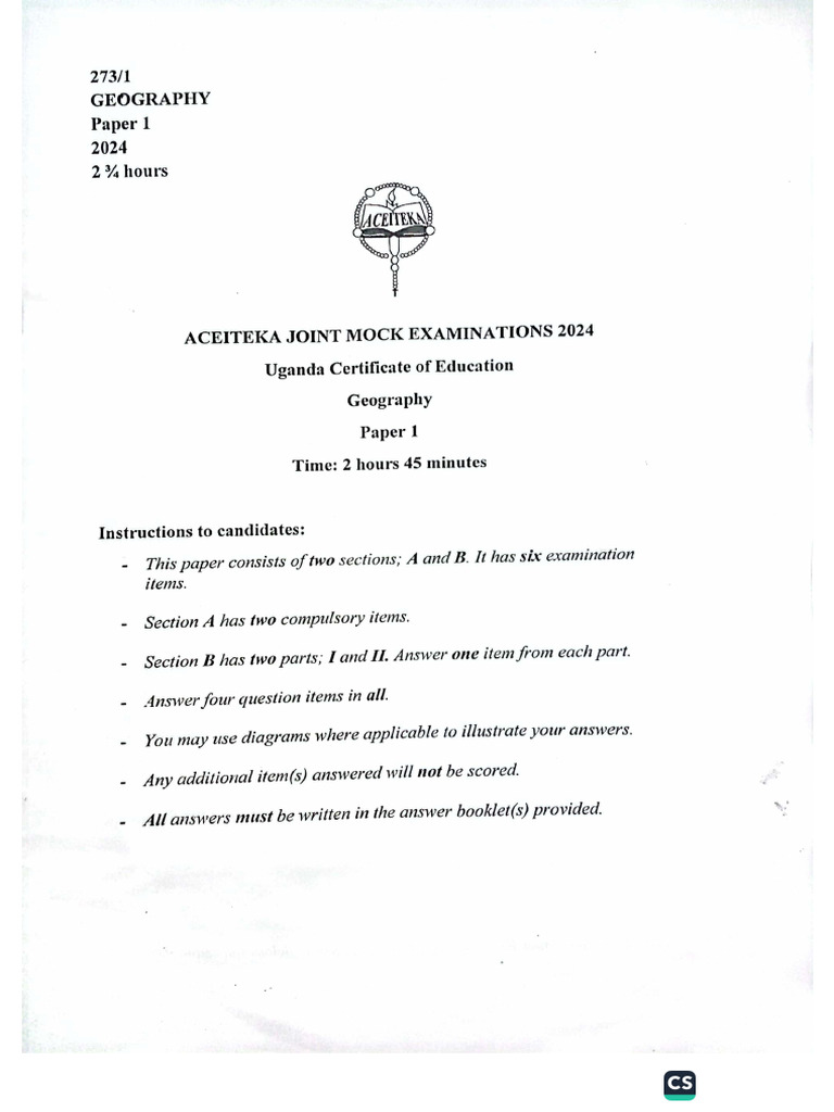 Aceiteka Joint Mock Uce Geography P1 Past Paper 2024 | PDF