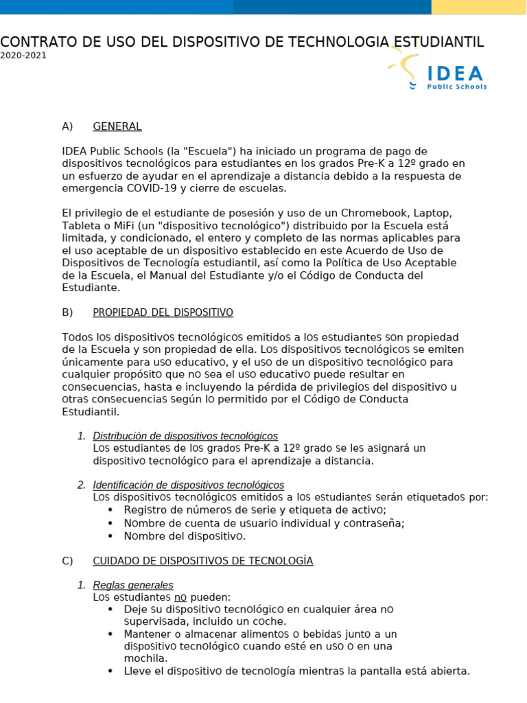 Student Technology Use Agreement SPANISH | PDF