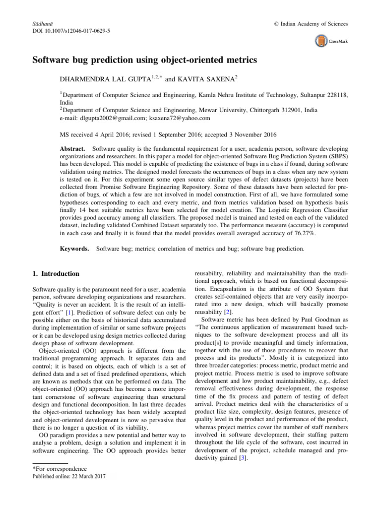 Software Bug Prediction Using Object Oriented Metrics Pdf