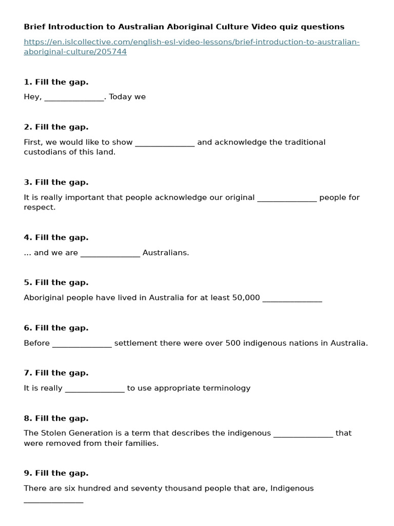 Australian Aboriginal Culture Video Quiz Questions | PDF | Foreign ...