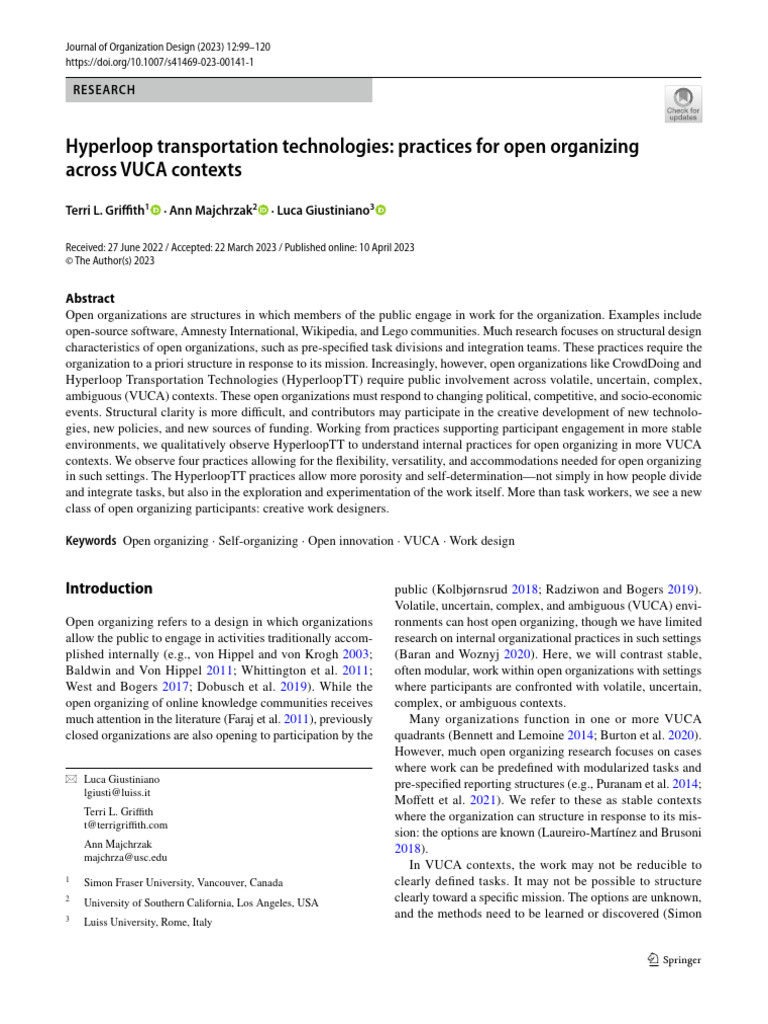 Hyperloop Transportation Technologies: Practices For Open Organizing Across VUCA Contexts | PDF