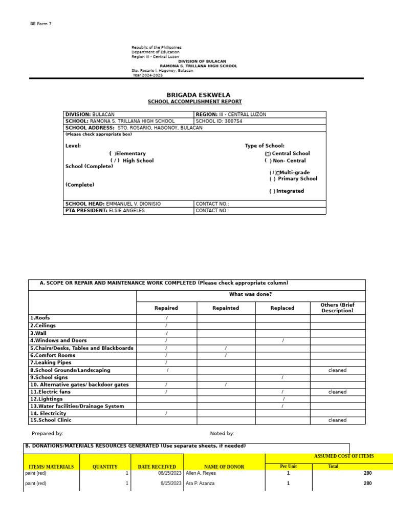 Be Bpes Form 7 School Accomplishment Report 2023 | PDF